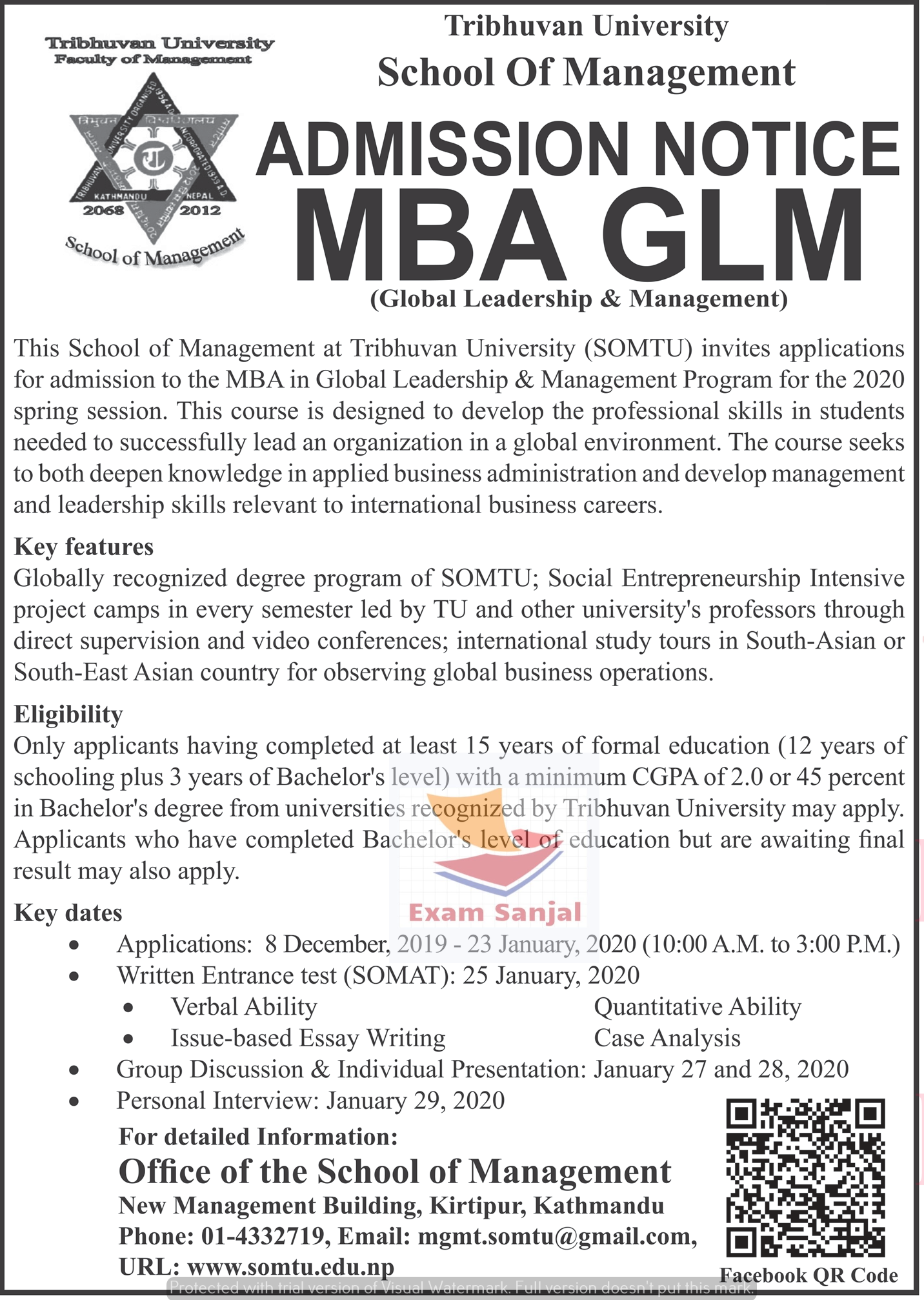 MBA IT & MBA GLM Admission Notice by TU School of Management