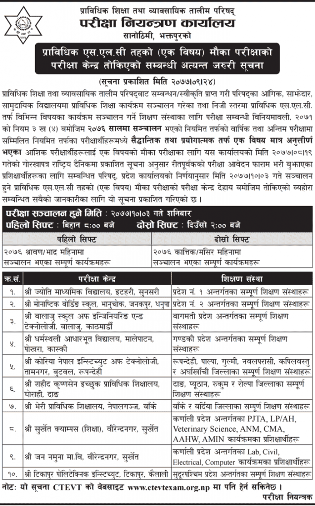 CTEVT Technical SLC TSLC Chance Exam Center Notice - Exam Sanjal