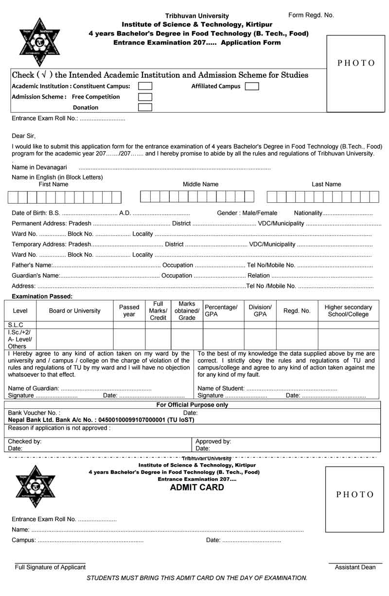 BSc & B Tech Food New Admission Notice by Tribhuwan University TU