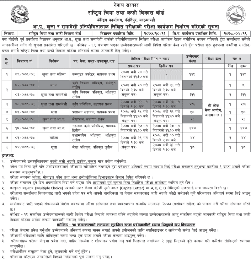 Rastriya Chiya Coffee Bikash Board Vacancy Exam Routine Tea Coffee ...