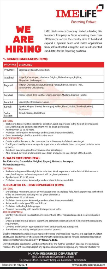 IME Life Insurance Company Job Vacancy Apply IME Life Jobs - Exam Sanjal