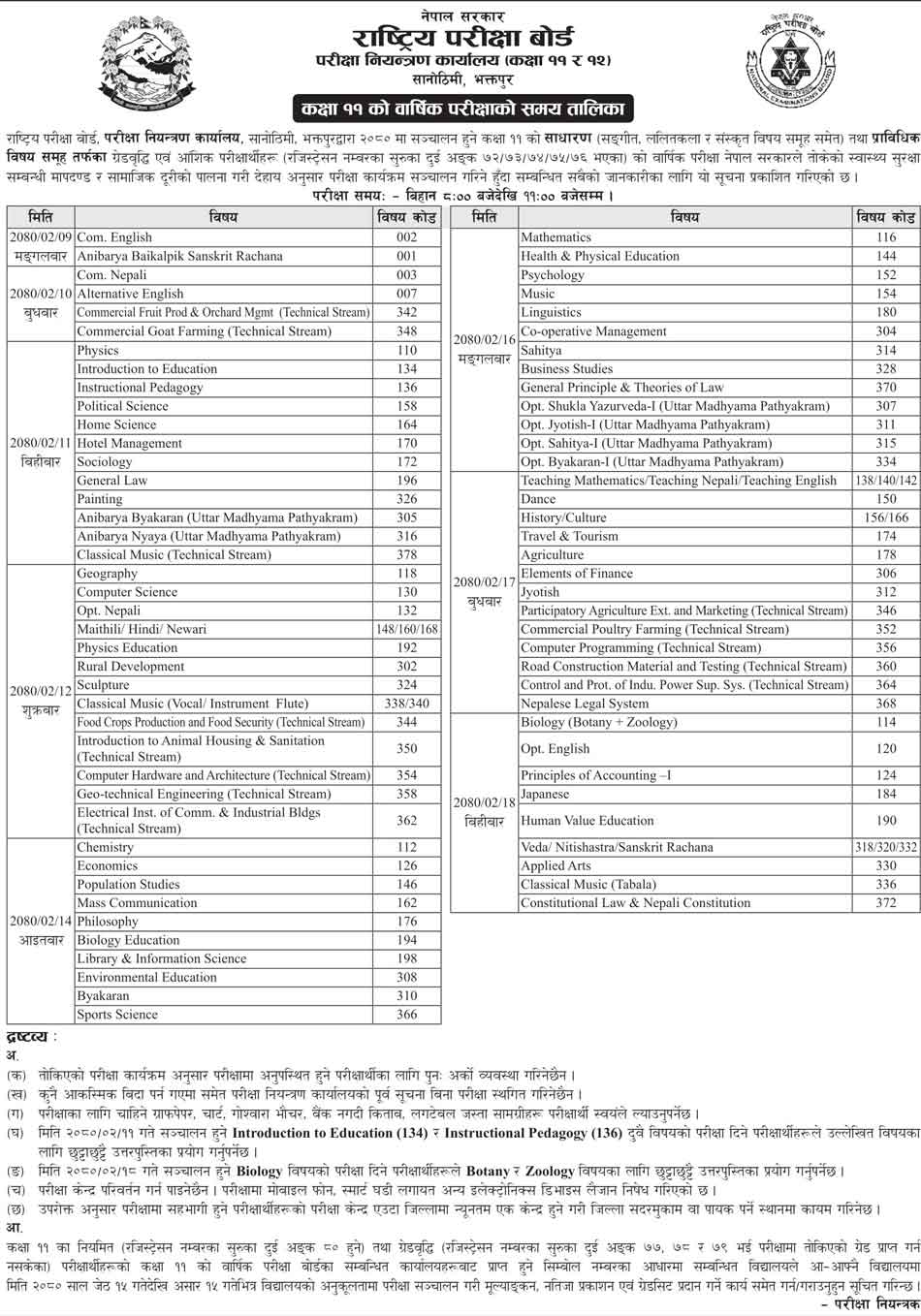 Class 11 Exam Routine NEB Grade 11 Examination Routine 2080 2023 - Exam ...