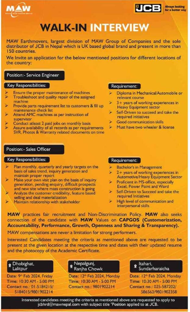 MAW Group Job Vacancy in various posts MAW JCB Company Jobs - Exam Sanjal