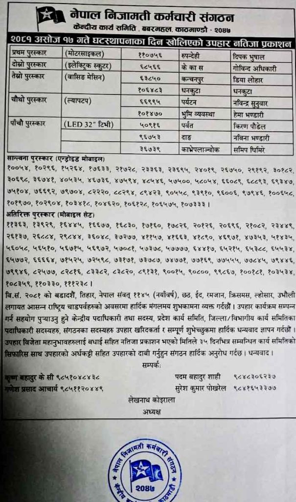 Nijamati Karmachari Union Upahar Yojana Result Dashain Lottery Chittha ...