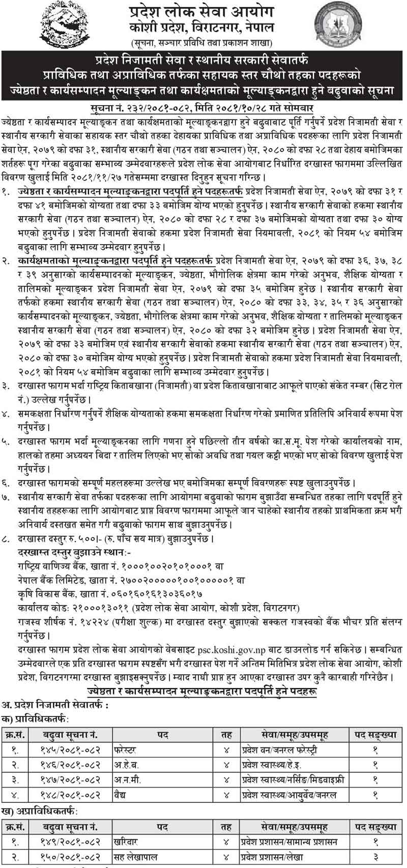 Koshi Pradesh Lok Sewa Aayog Job Vacancy for Assistant Sahayak 4th Level - Exam Sanjal